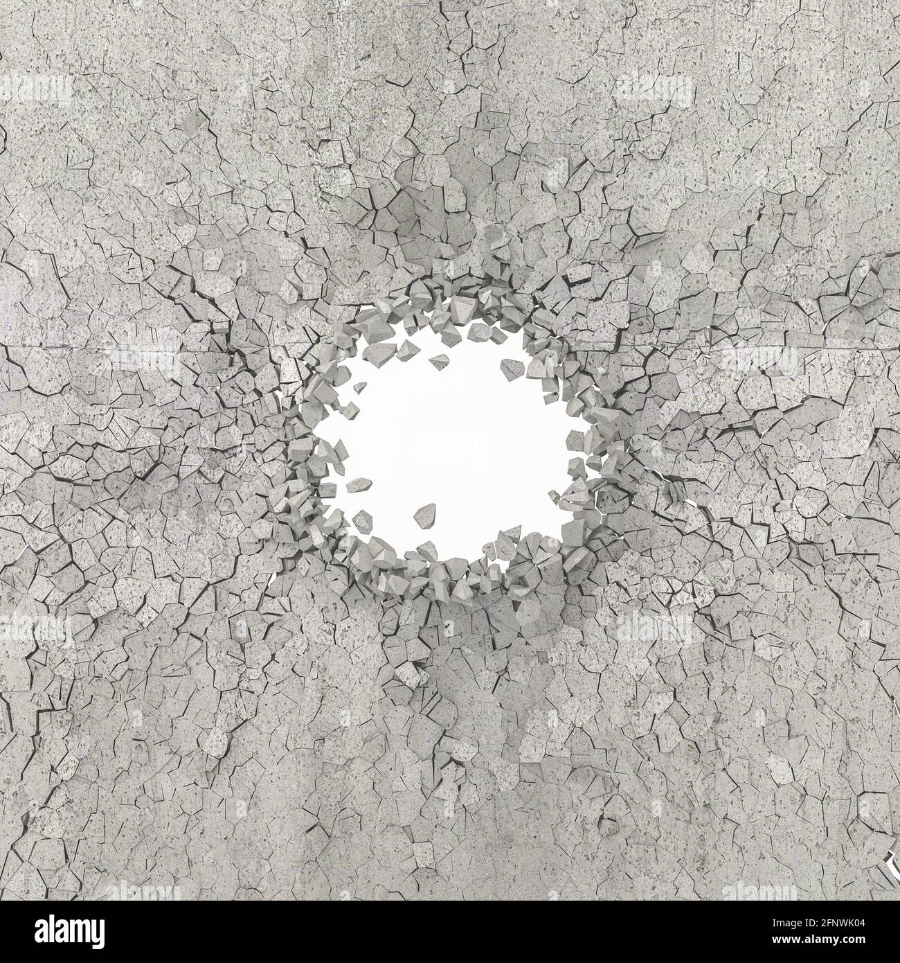 explosion of a reinforced concrete wall, white background. 3d render ...