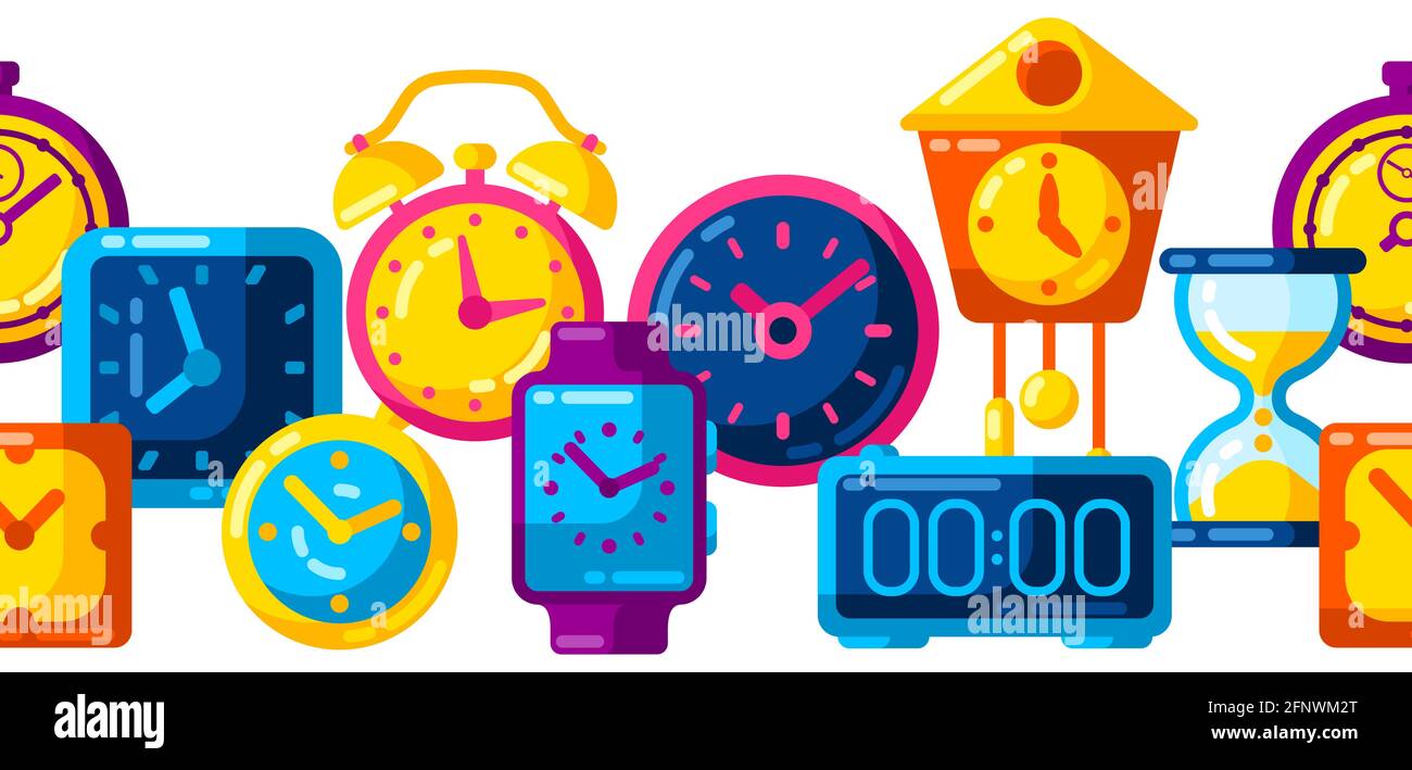 Seamless Pattern With Different Clocks Stylized Icons For Design And