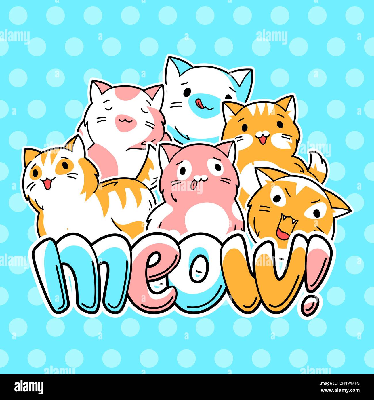 Background with cute kawaii cats. Fun animal illustration Stock Vector ...
