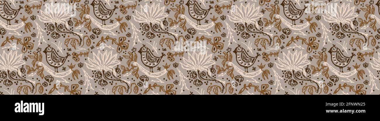 Seamless minimalist doodle flower border pattern. Calm earthy color ...