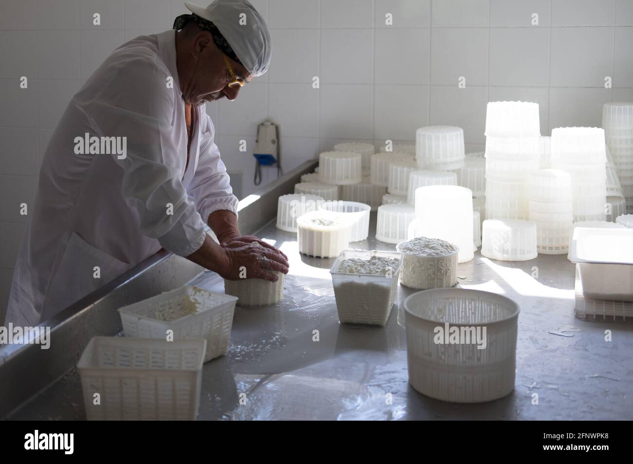 Man kneads the whey from the curd to make ricotta cheese in a small ...