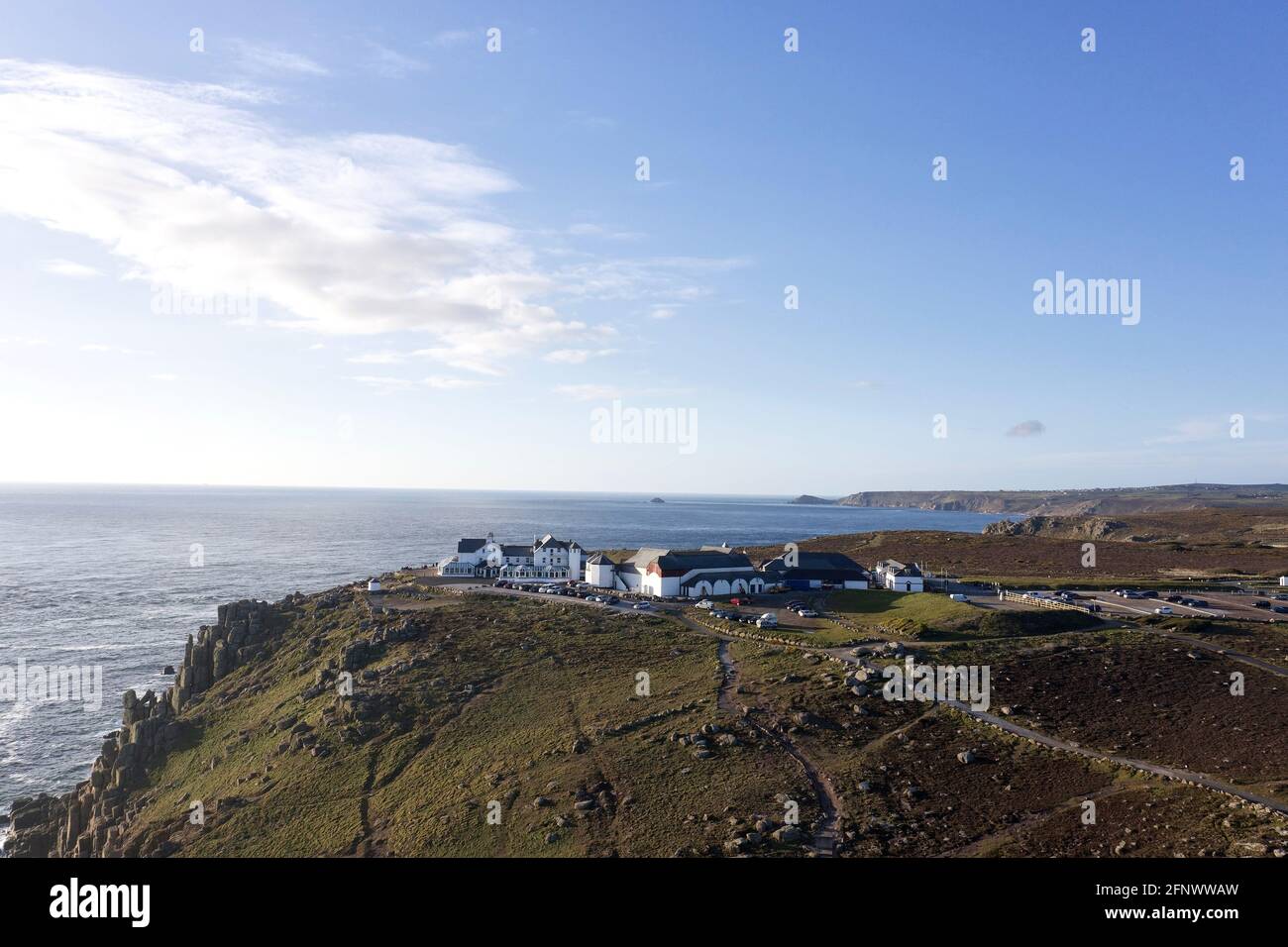 Beautiful arial view of dramatic cliffs at lands end in Cornwall ...