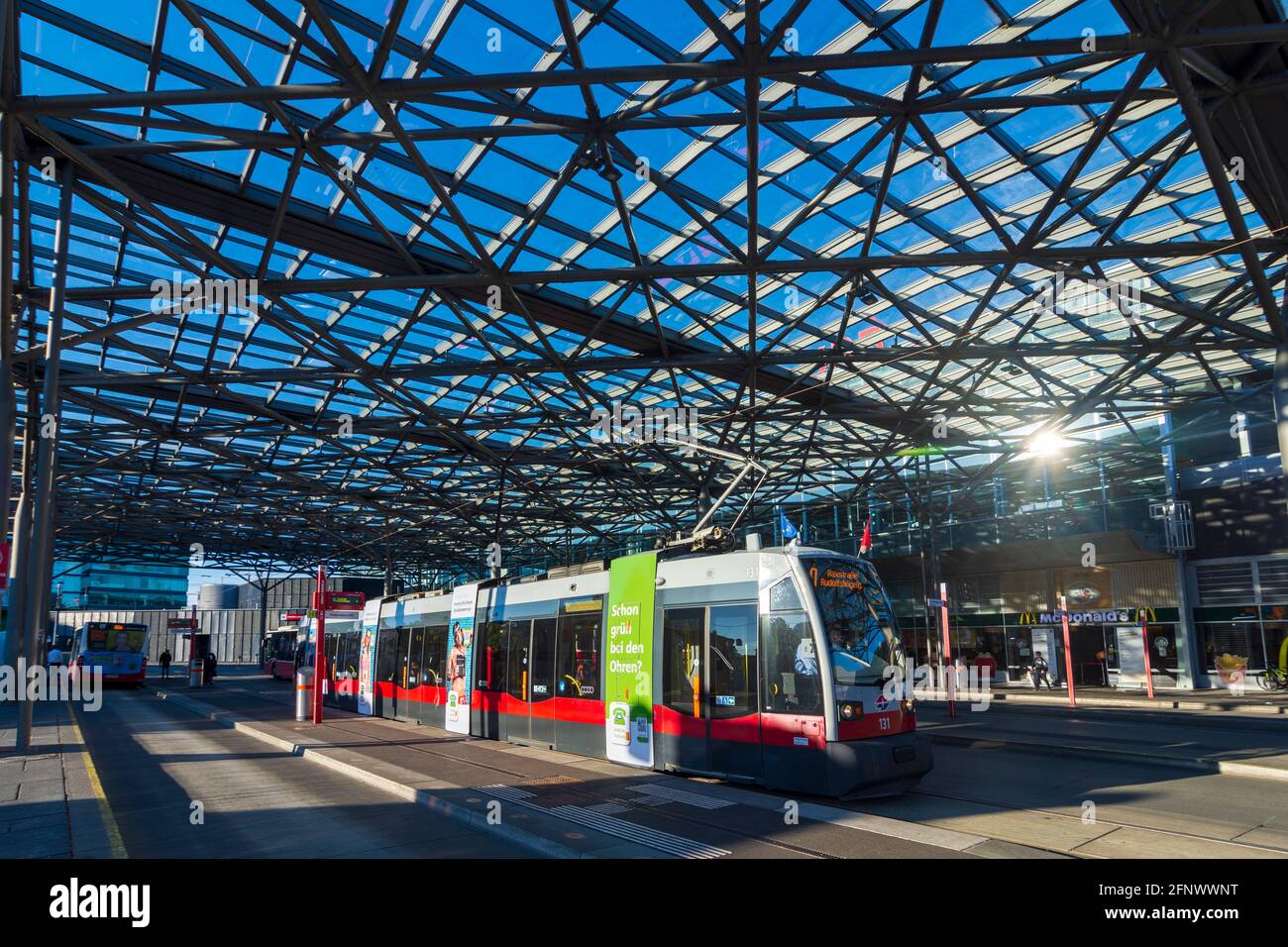 Wien, Vienna: square and railway station Praterstern, roof above bus ...