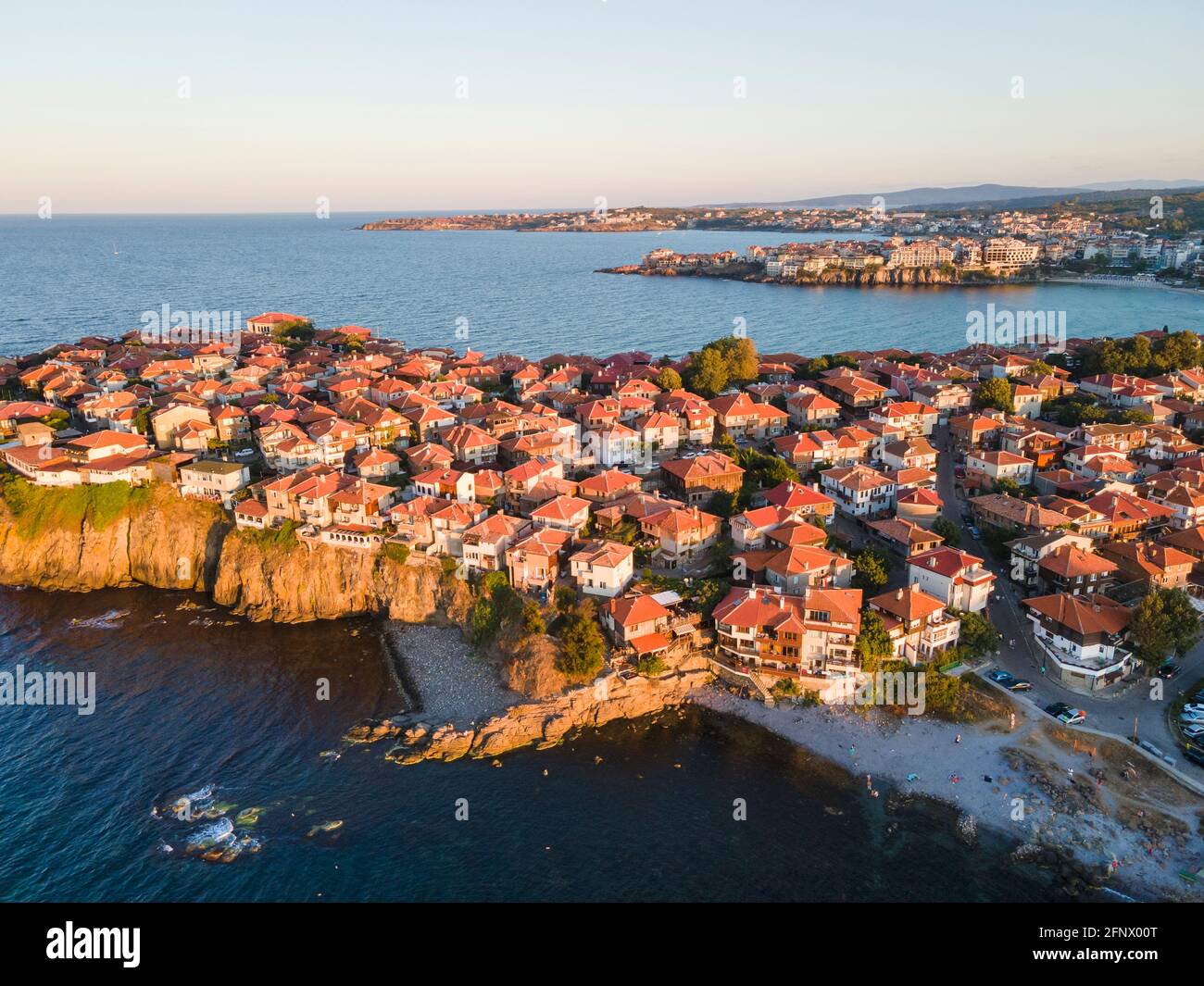Aerial sunset view of old town of Sozopol, Burgas Region, Bulgaria ...