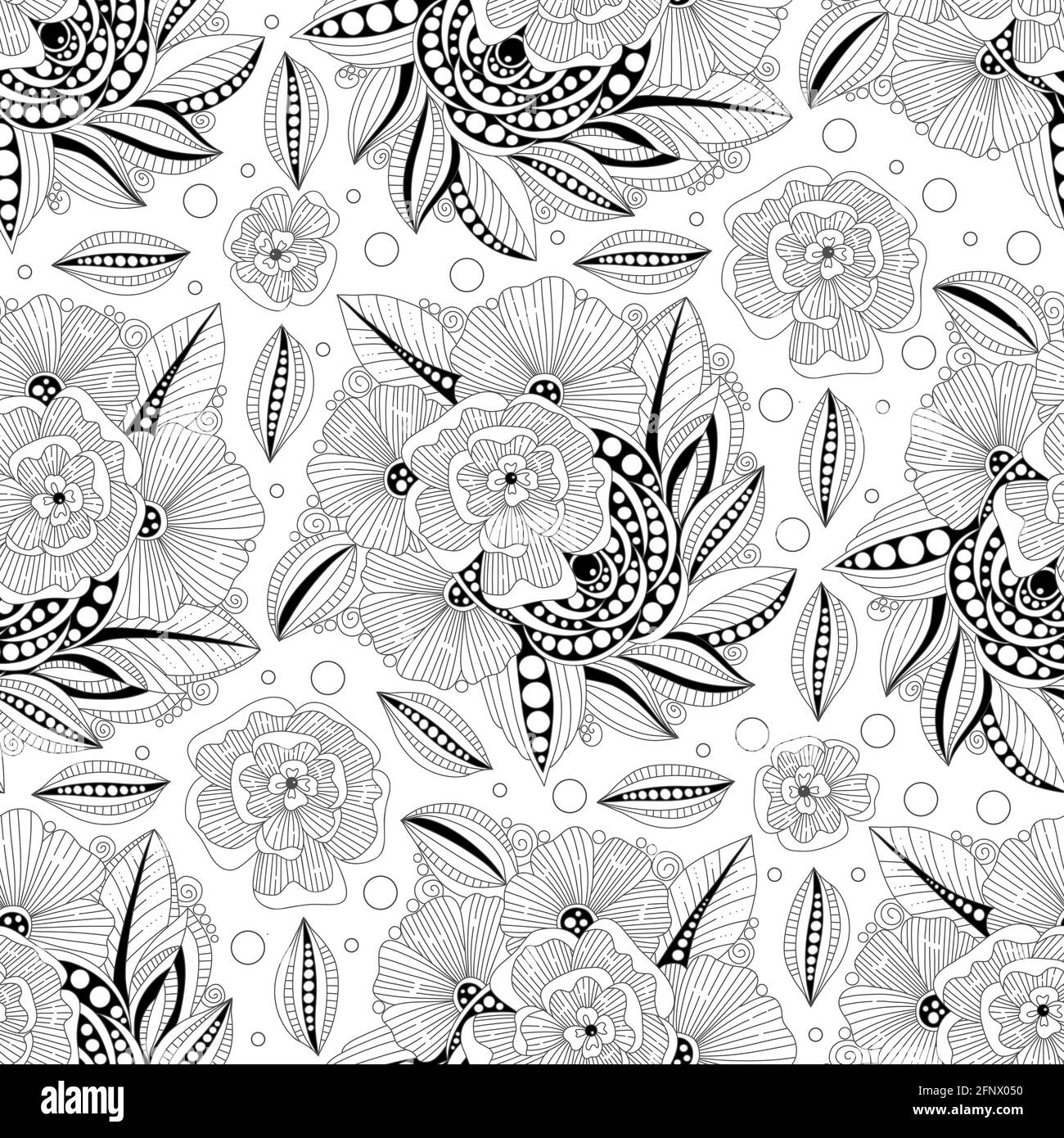 Abstract monochrome doodle bohemian flower seamless pattern for adult ...