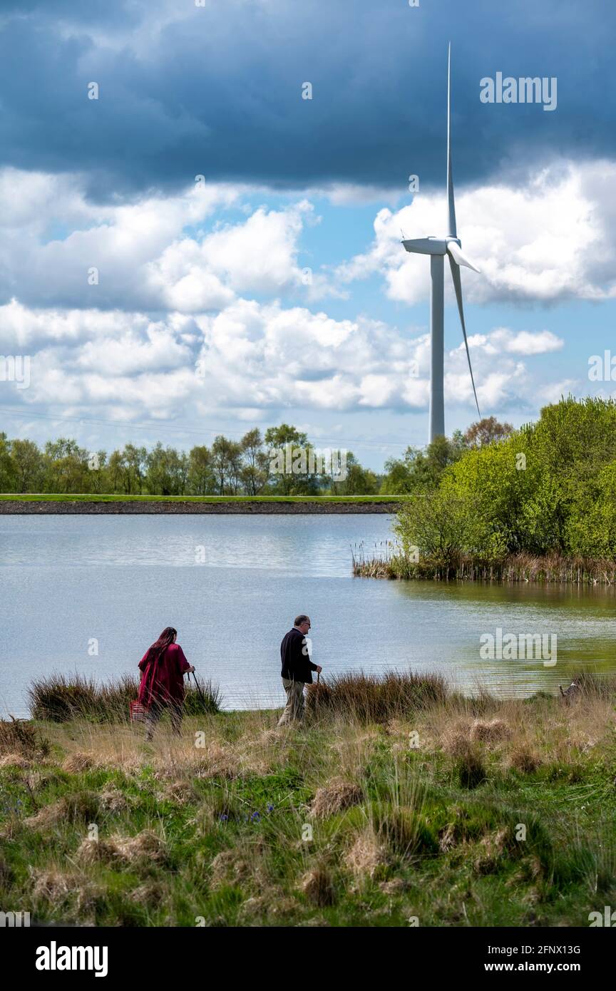 Wind turbine at Penyfan Pond, near Blackwood, South Wales Stock Photo ...