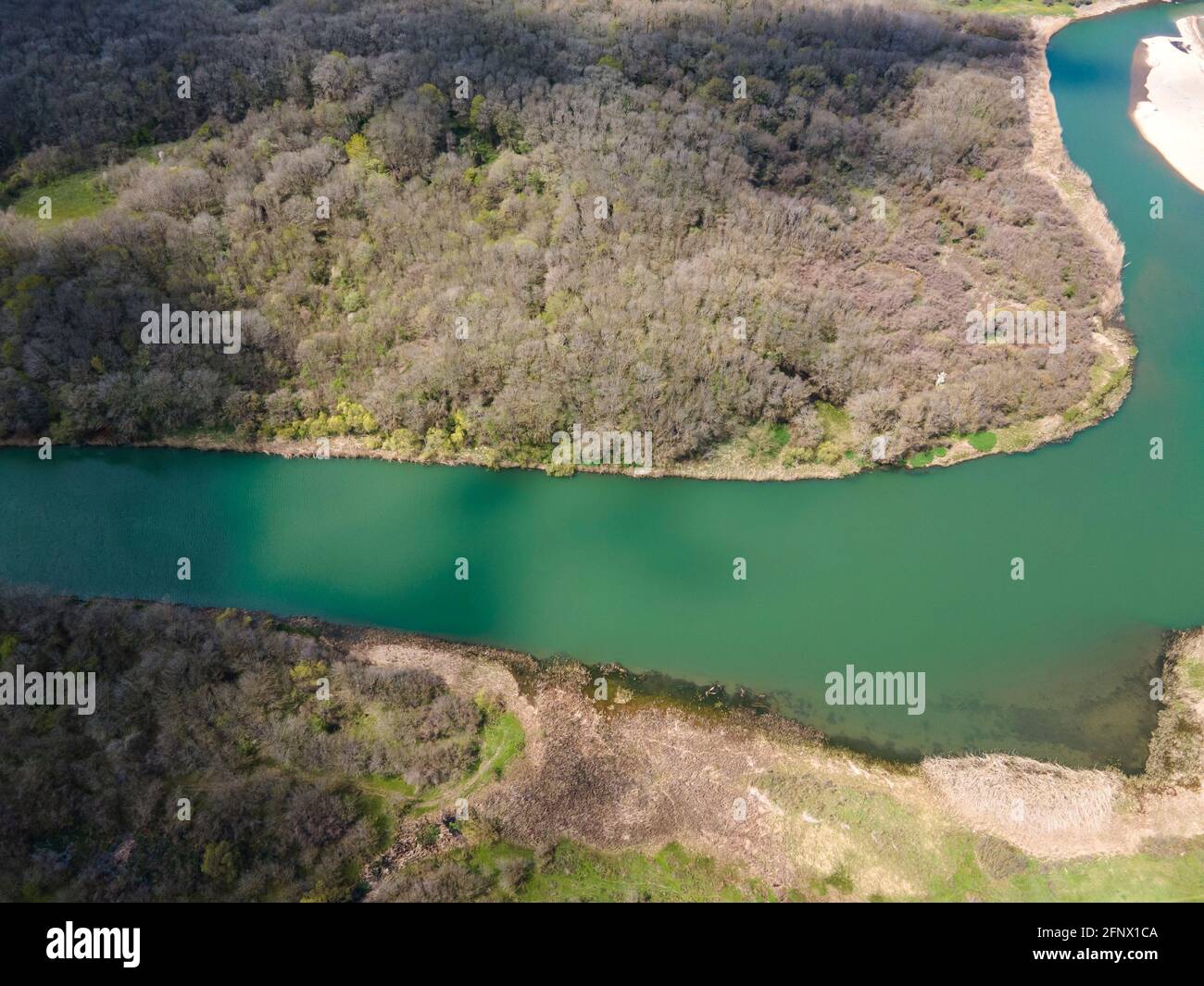 Aerial view of beach at the mouth of the Veleka River, Sinemorets ...