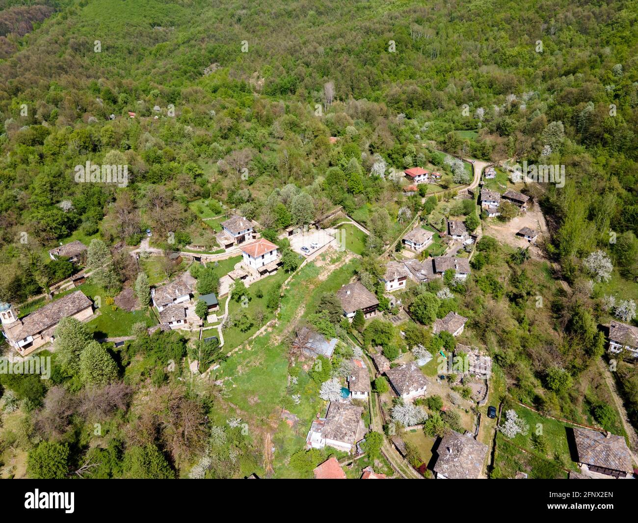Aerial Spring view of village of Bozhentsi, Gabrovo region, Bulgaria ...