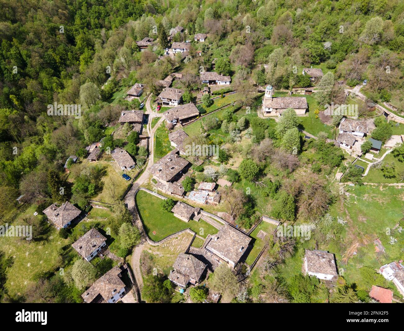 Aerial Spring view of village of Bozhentsi, Gabrovo region, Bulgaria ...