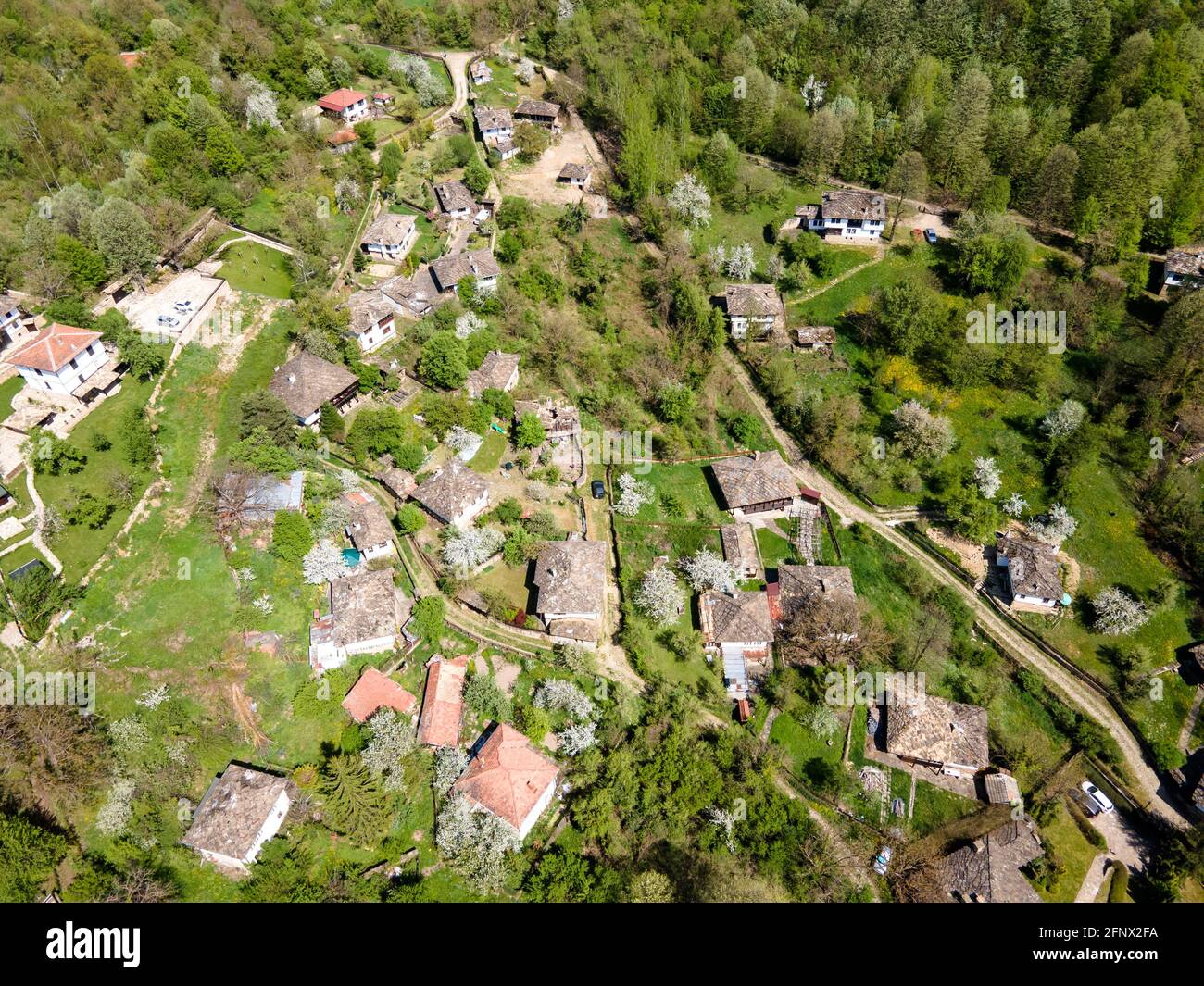Aerial Spring view of village of Bozhentsi, Gabrovo region, Bulgaria ...