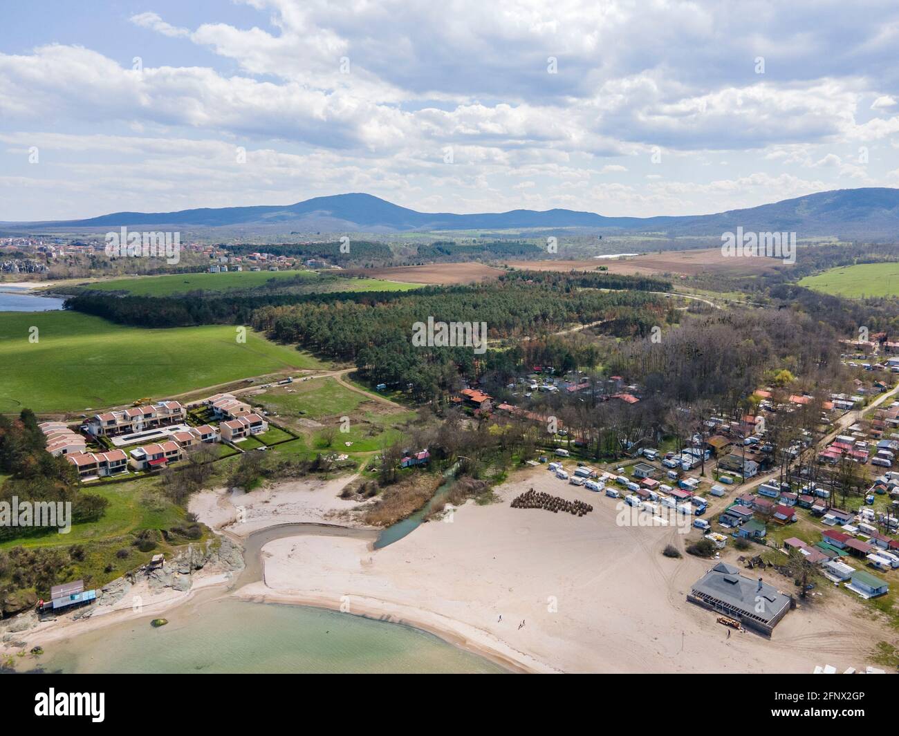 Aerial view of Arapya beach near town of Tsarevo, Burgas Region ...