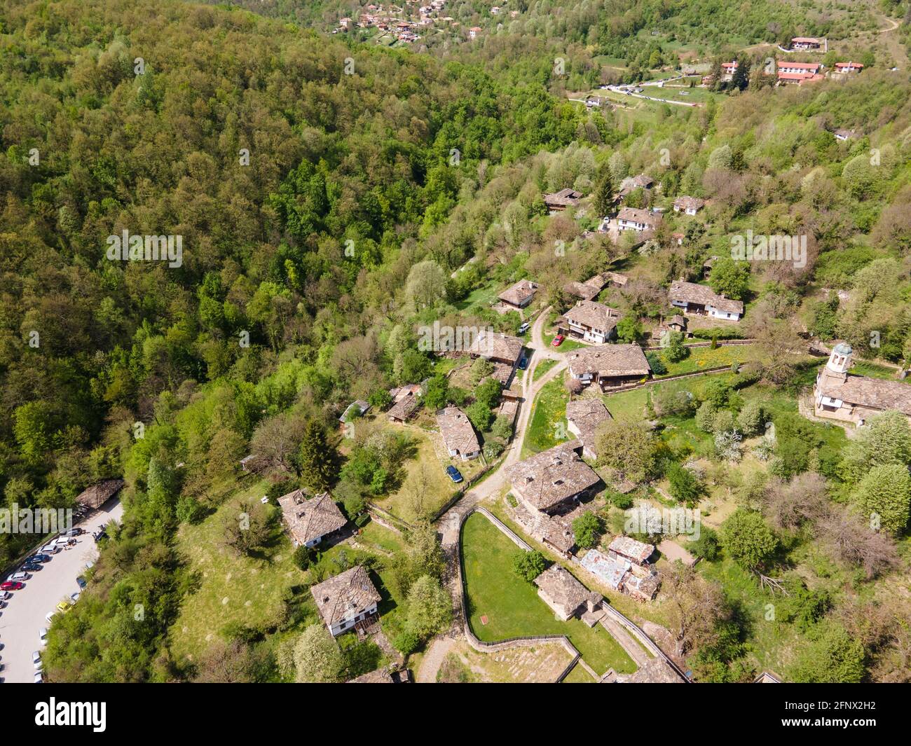 Aerial Spring view of village of Bozhentsi, Gabrovo region, Bulgaria ...