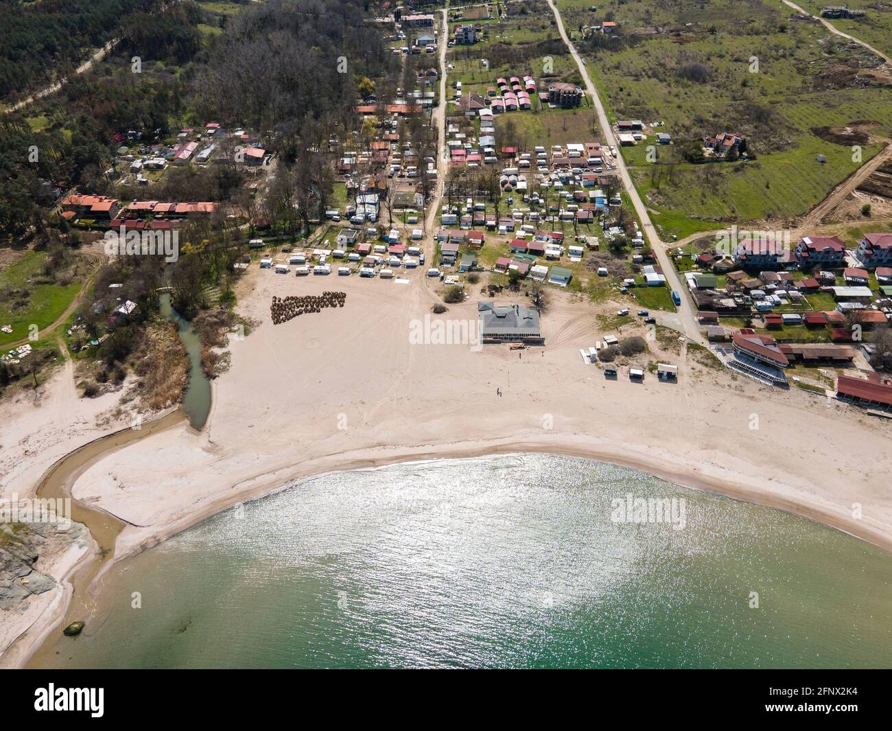 Aerial view of Arapya beach near town of Tsarevo, Burgas Region ...