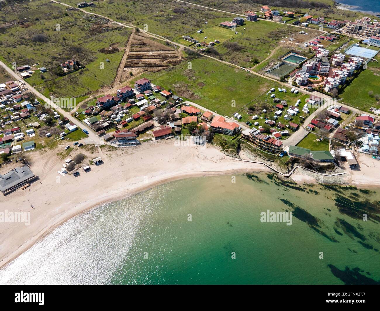Aerial view of Arapya beach near town of Tsarevo, Burgas Region ...