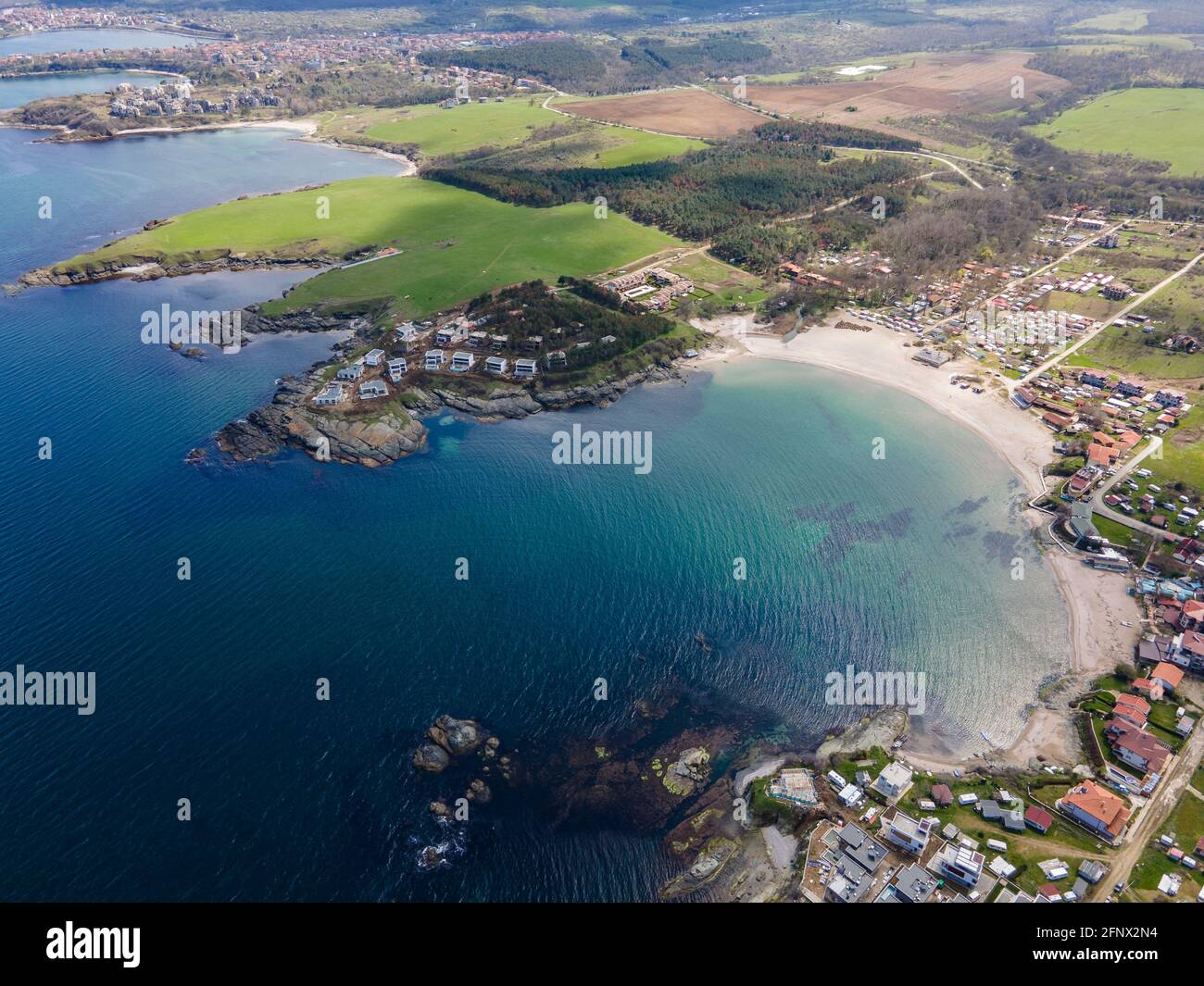 Aerial view of Arapya beach near town of Tsarevo, Burgas Region ...