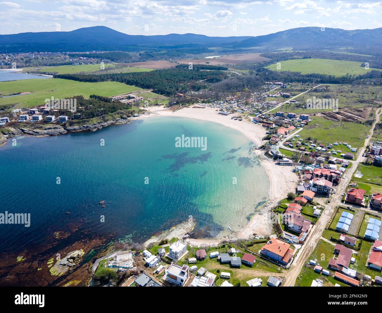 Aerial view of Arapya beach near town of Tsarevo, Burgas Region ...