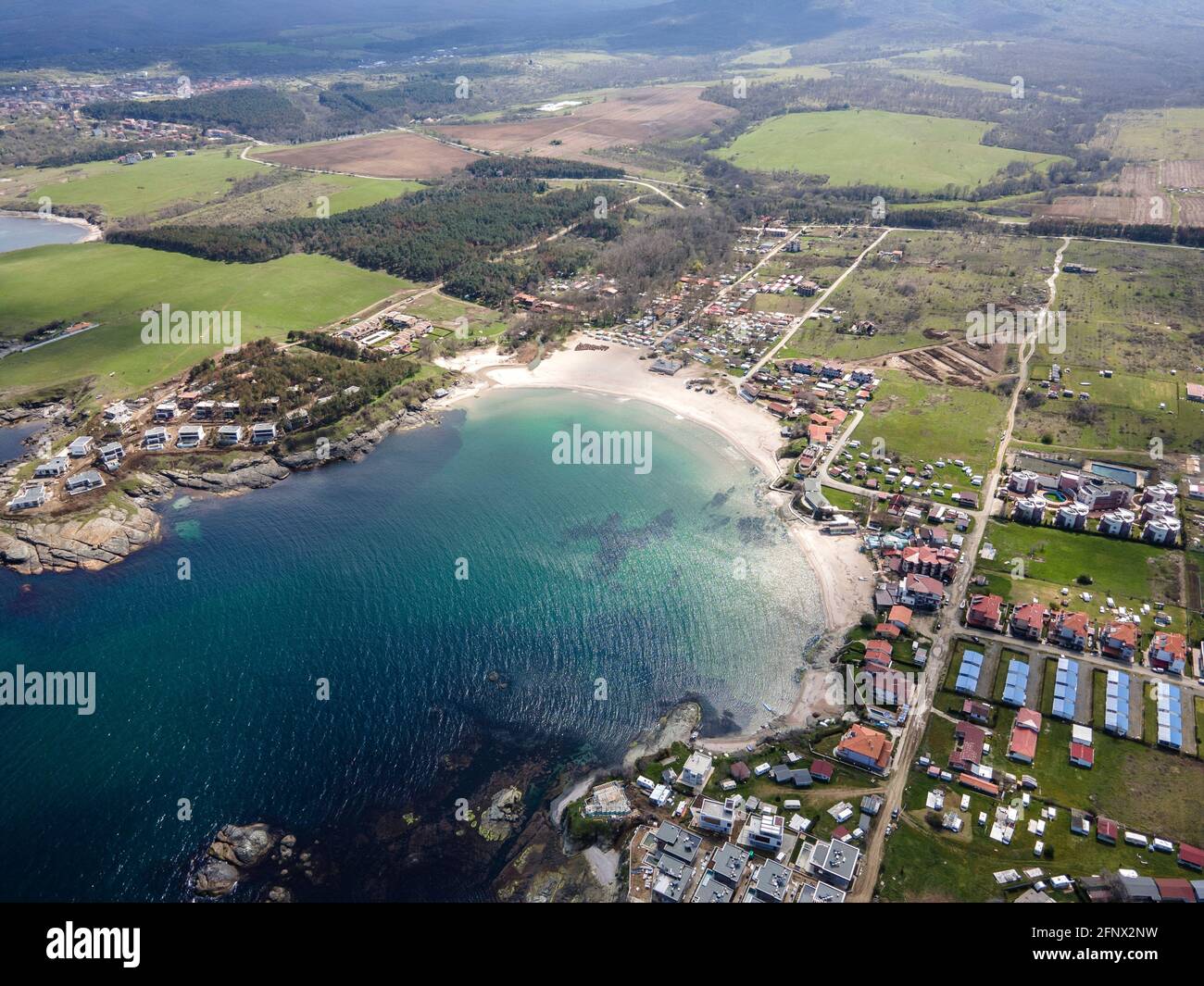 Aerial view of Arapya beach near town of Tsarevo, Burgas Region ...