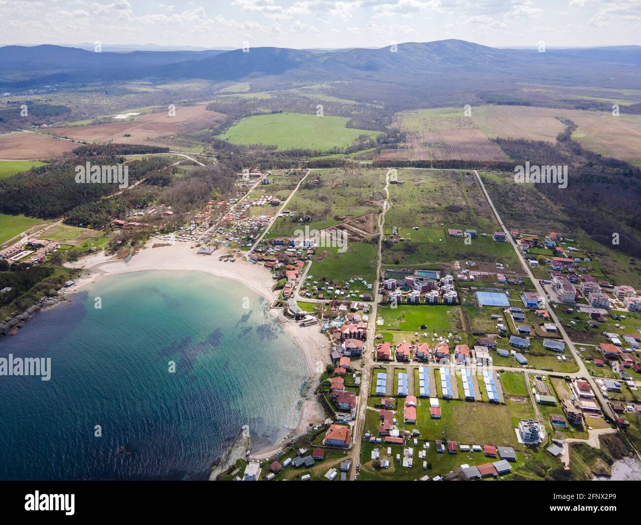 Aerial view of Arapya beach near town of Tsarevo, Burgas Region ...