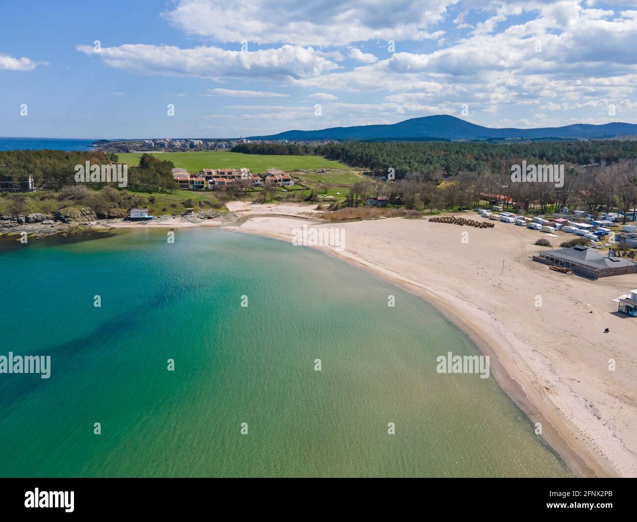 Aerial view of Arapya beach near town of Tsarevo, Burgas Region ...