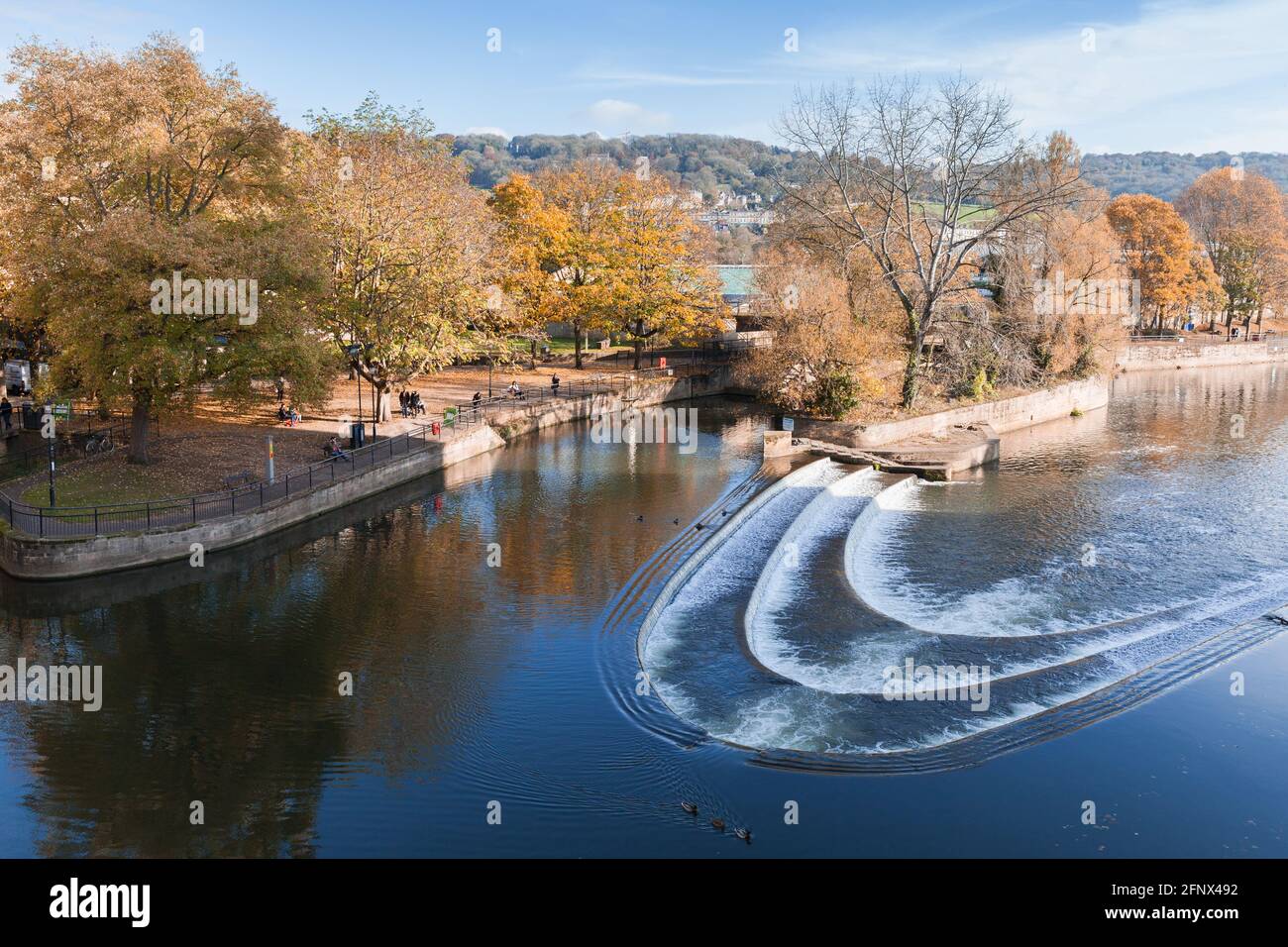 The Grand Parade in Bath, Somerset. A waterfall on the Avon river in ...
