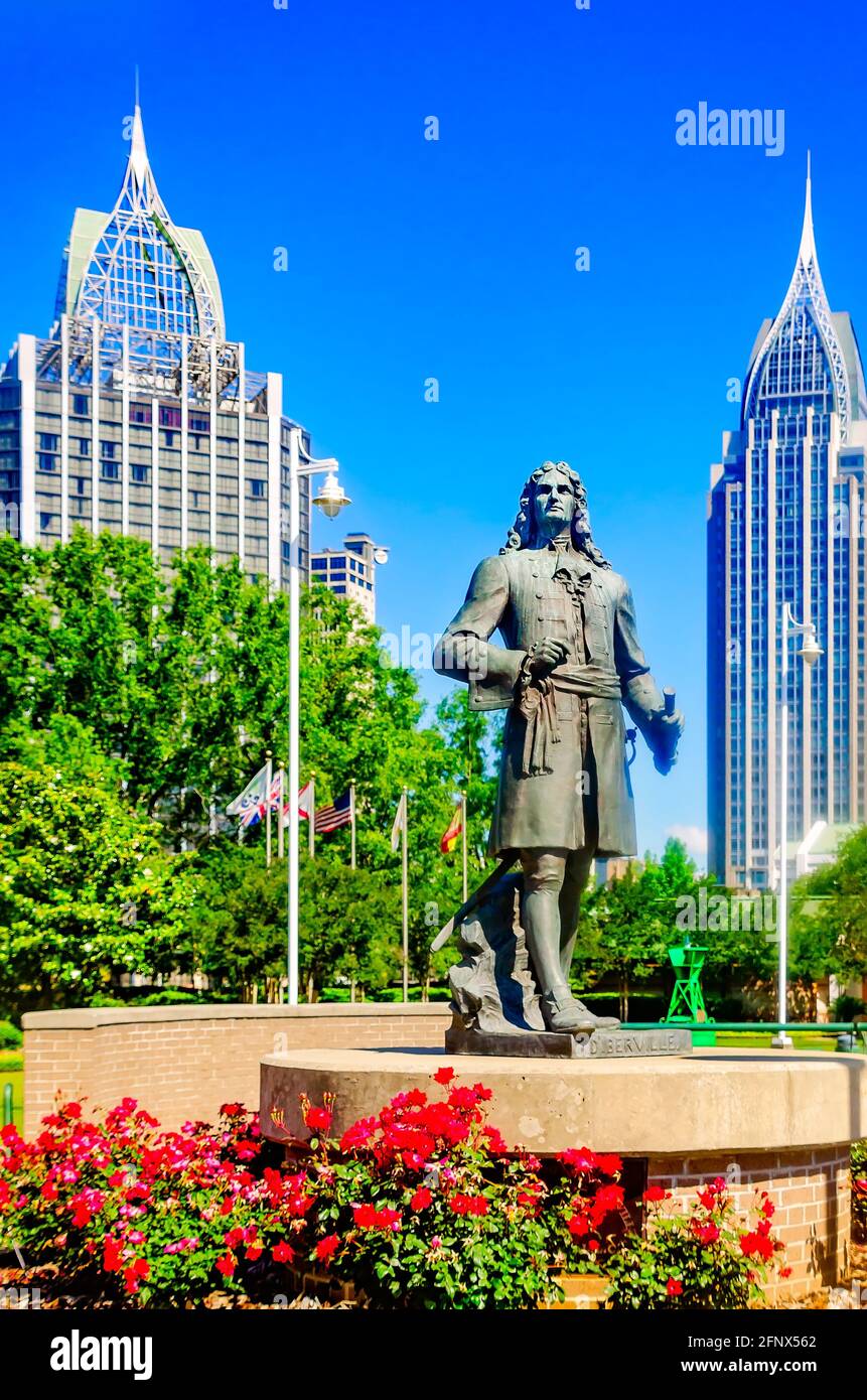 A statue of Pierre Le Moyne d'Iberville faces the Port of Mobile in ...
