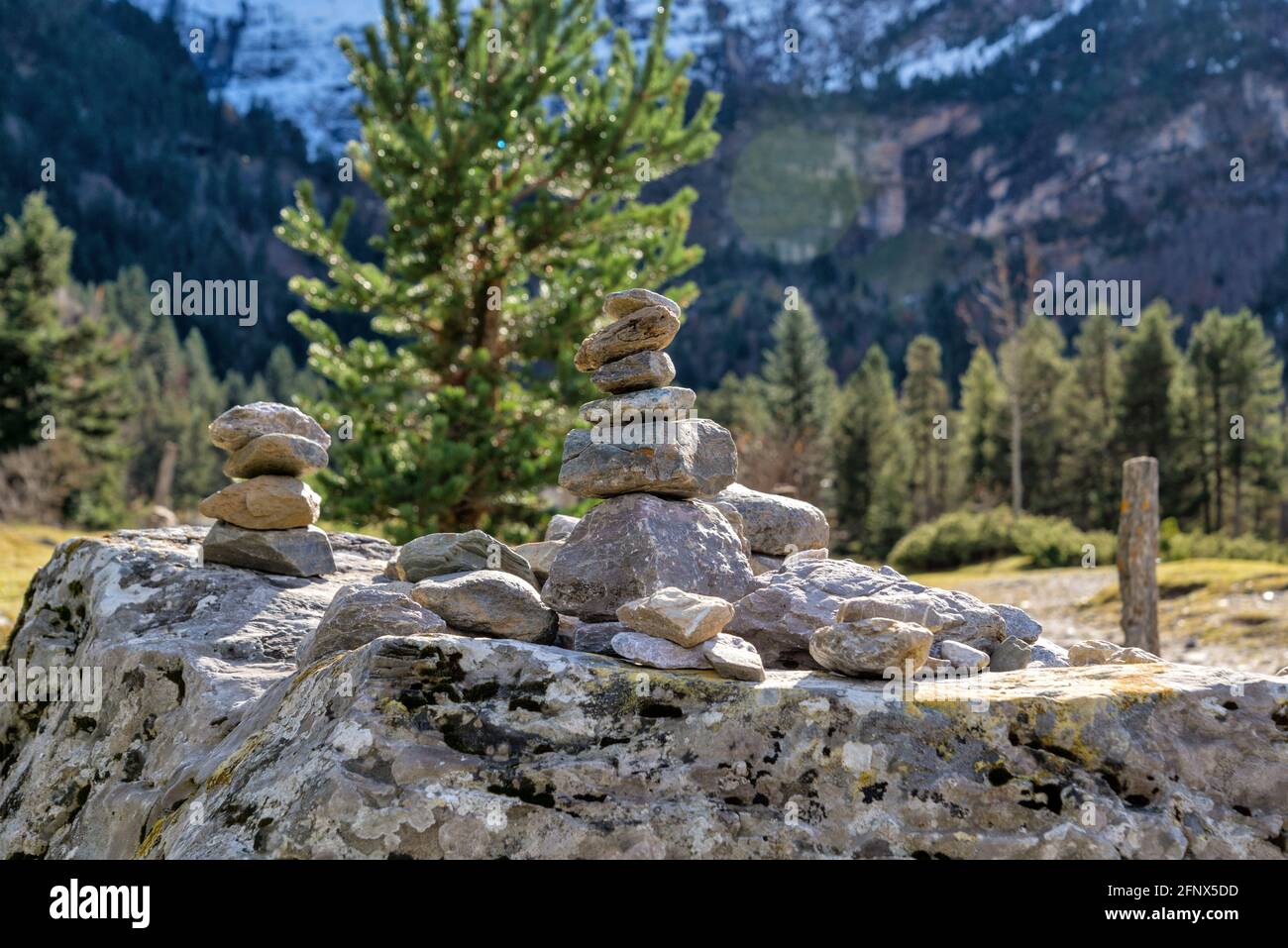 Stone grey pyramid on the big stone Gavarnie circus France autumn Stock ...