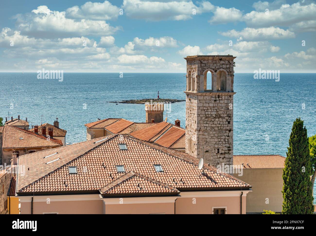 Medieval monastery tower and island in Porec, Croatia. View from above ...
