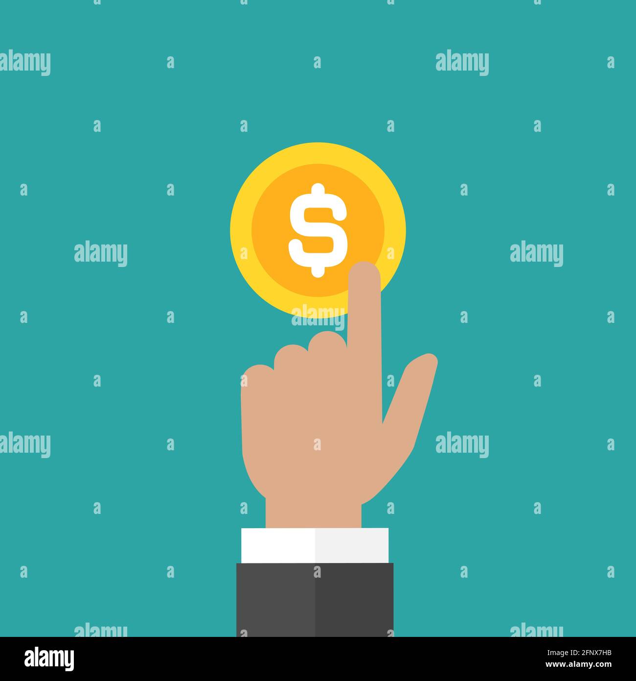Hand with gold dollar coin. Hand pointing. Vector flat illustration on ...