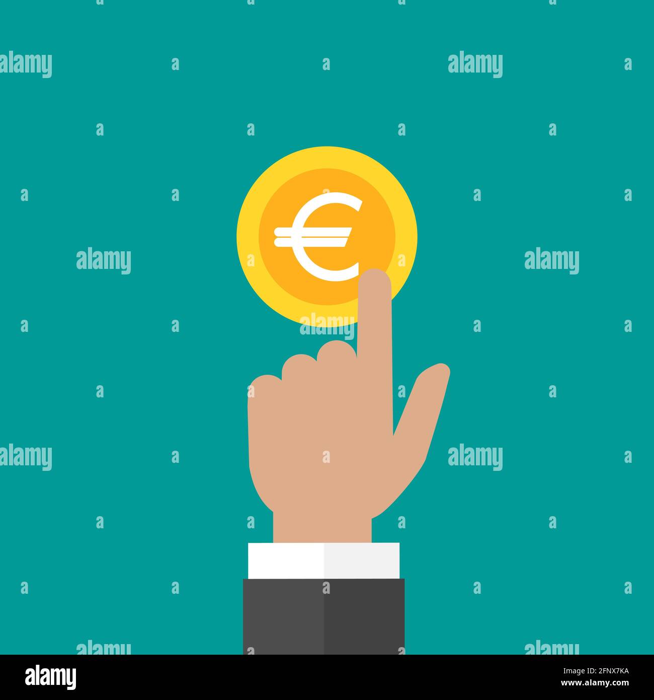 Hand with gold euro coin. Hand pointing. Vector flat illustration on ...