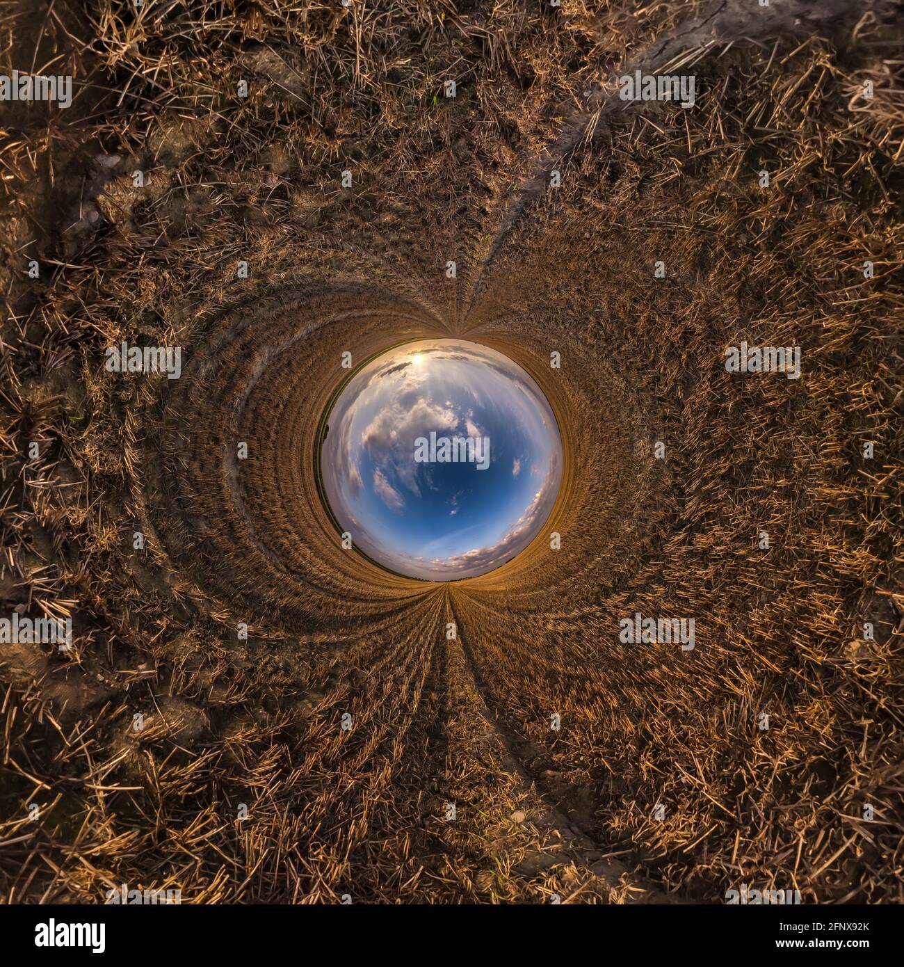 blue sky ball in middle of swirling field. Inversion of tiny planet ...