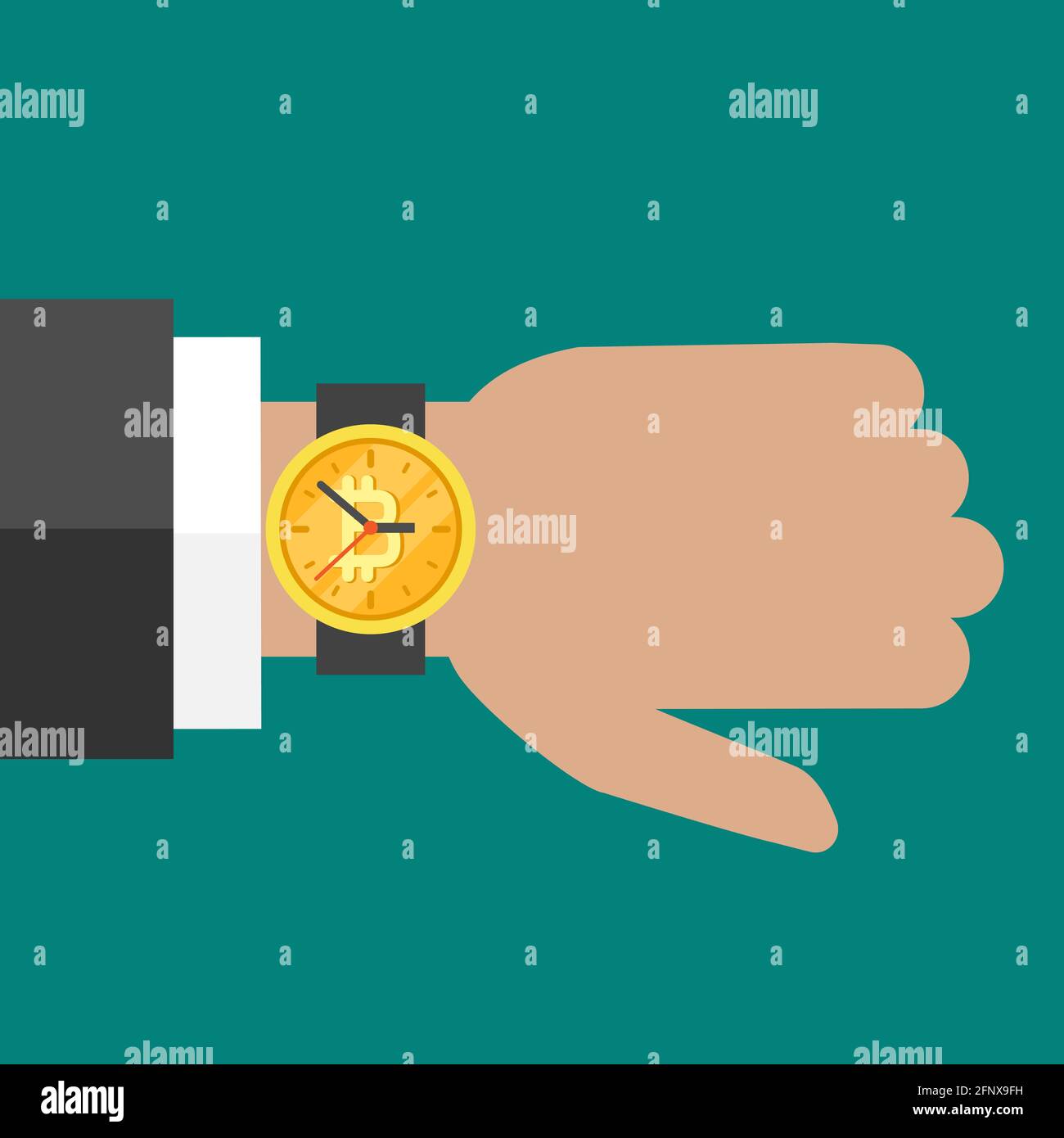 Hand with golden hand watch on wrist with bitcoin sign on turquoise ...