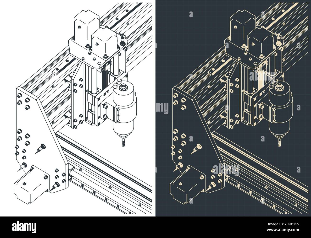Stylized vector illustrations of automated CNC machine for 3D carving isometric drawings Stock ...