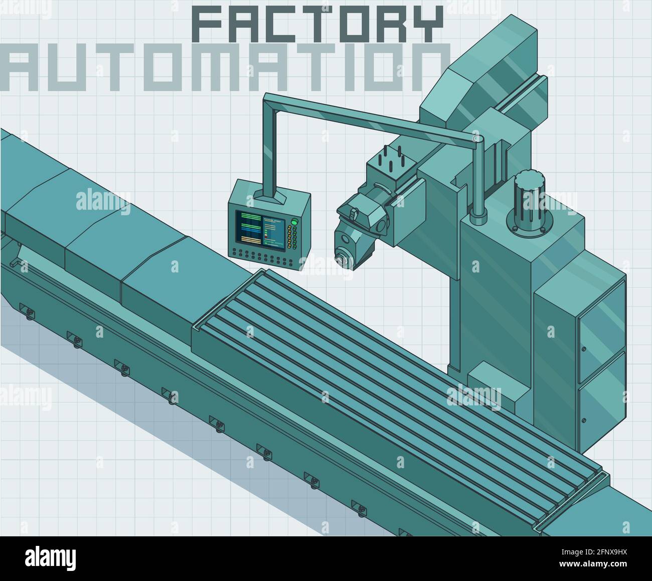 Stylized vector illustration of automated factory line with control ...