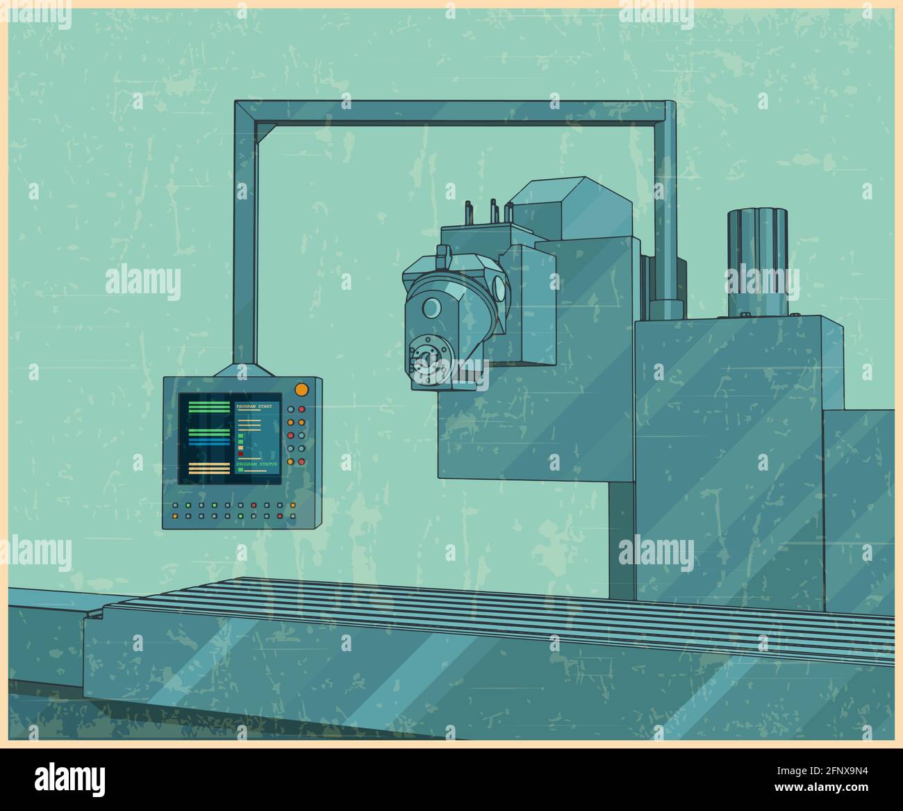 Stylized vector illustration of automated production line with control ...