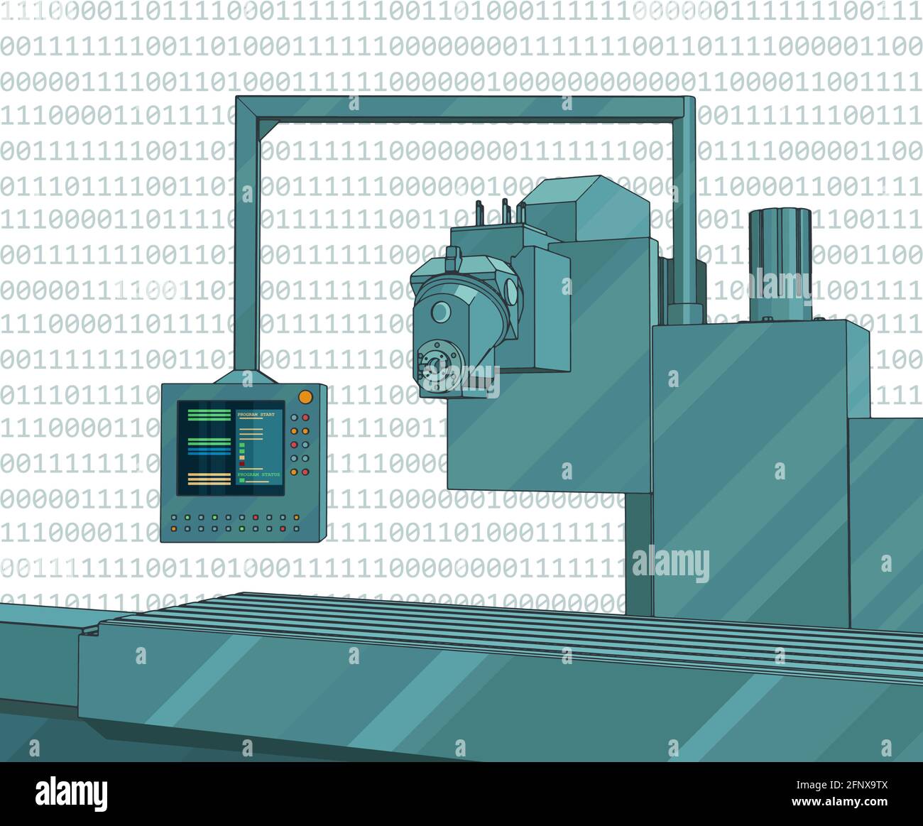 Stylized vector illustration of automated factory line with control ...