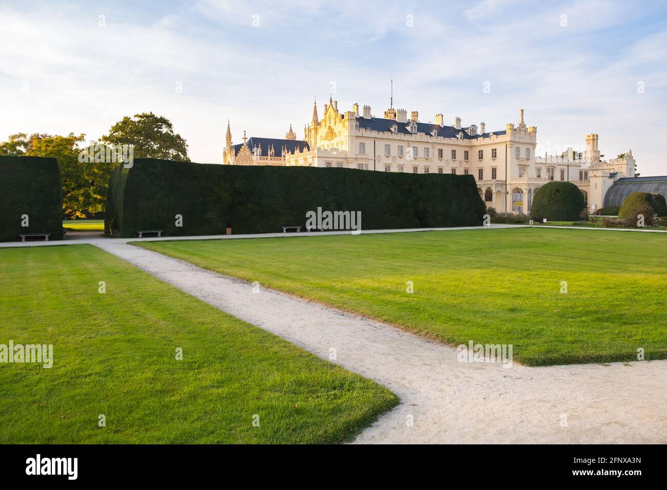 Green gardens in Lednice castle Chateau yard in Moravia, Czech Republic ...