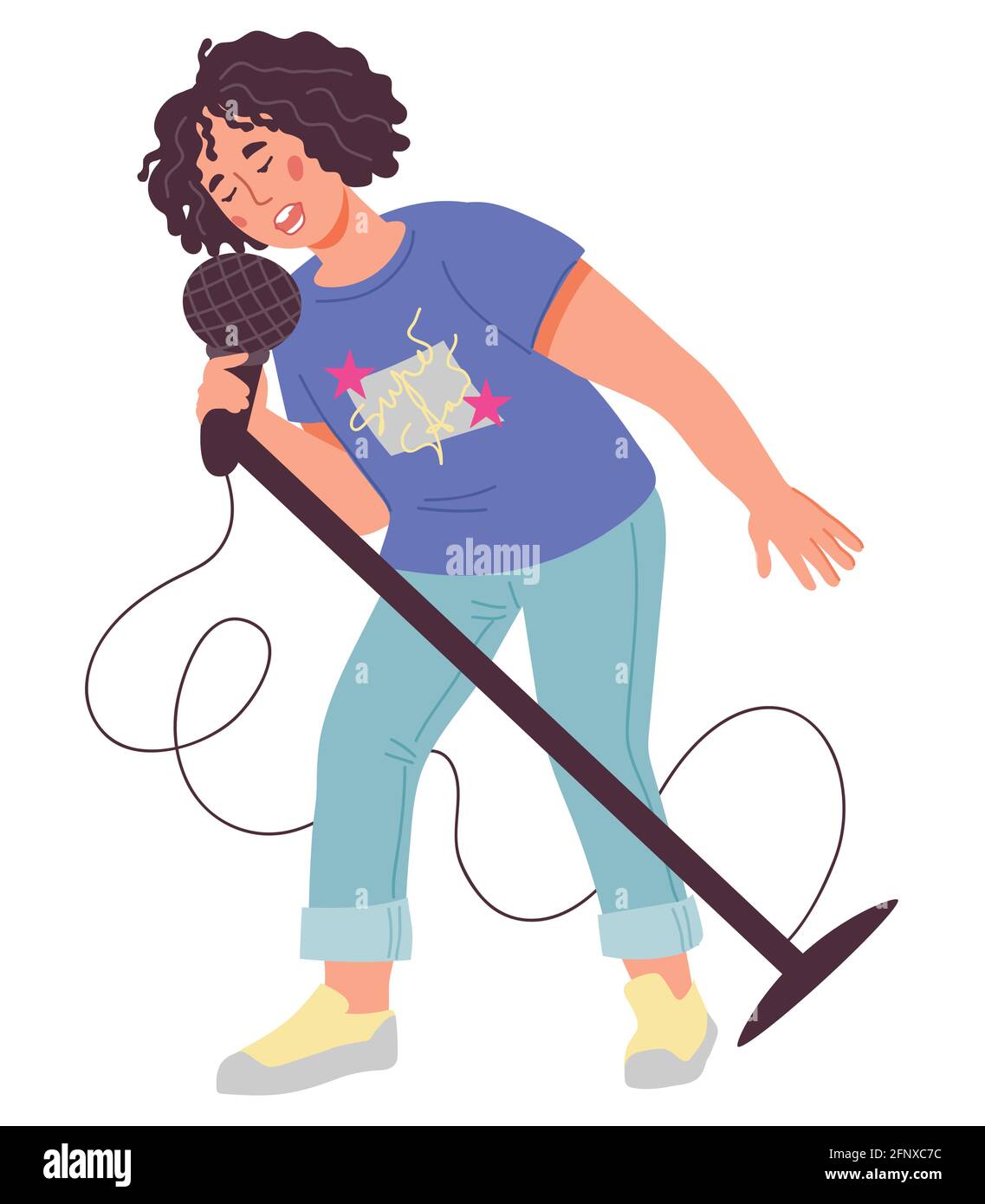 Cute child singer, flat vector isolated on white background. Portrait ...