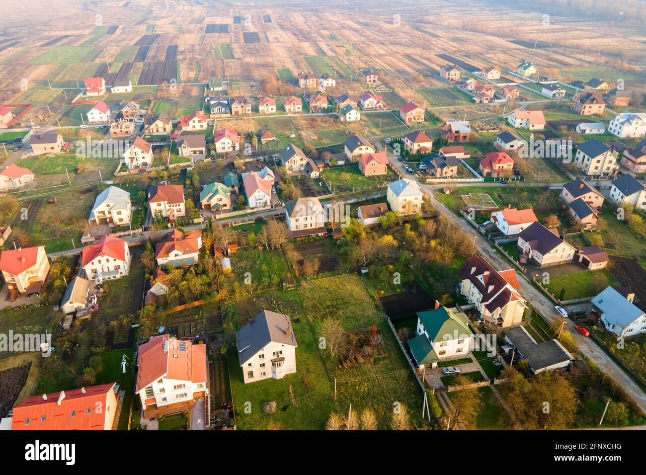 Aerial view of home roofs in residential rural neighborhood area Stock ...
