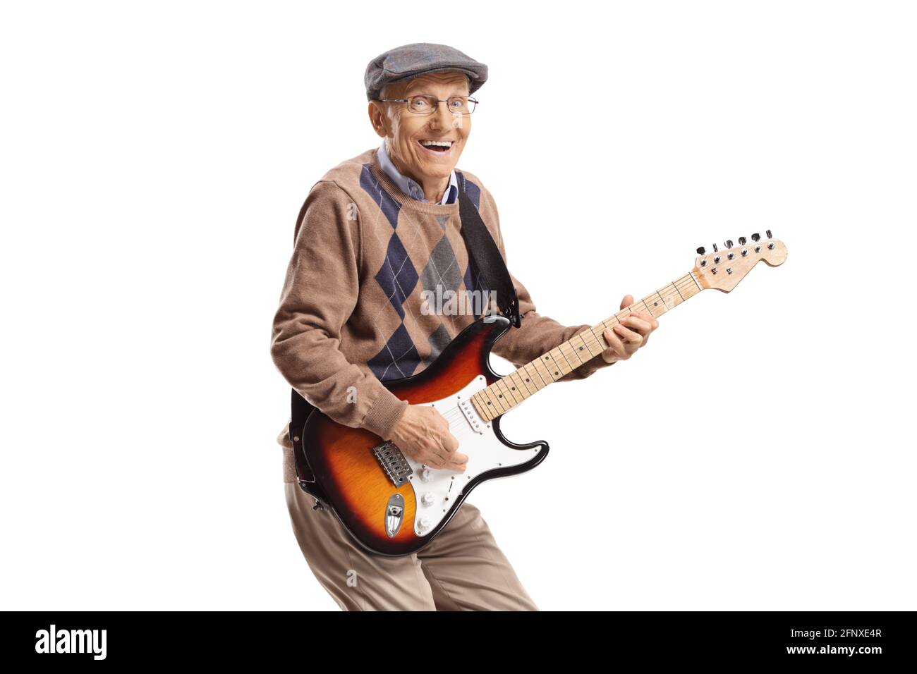 Grandpa playing an electric guitar and jumping isolated on white ...