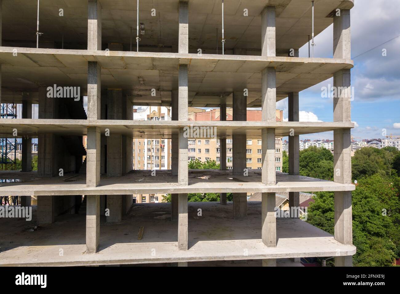 Aerial view of high frame of monolithic concrete building under ...