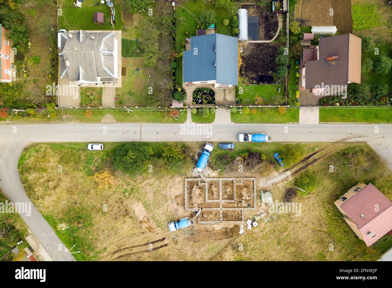 Top down aerial view of construction works of new house concrete ...