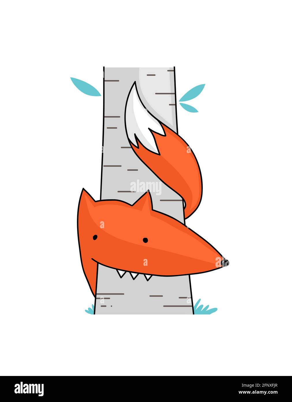 Cute and funny illustration of a fox behind a tree Stock Photo - Alamy
