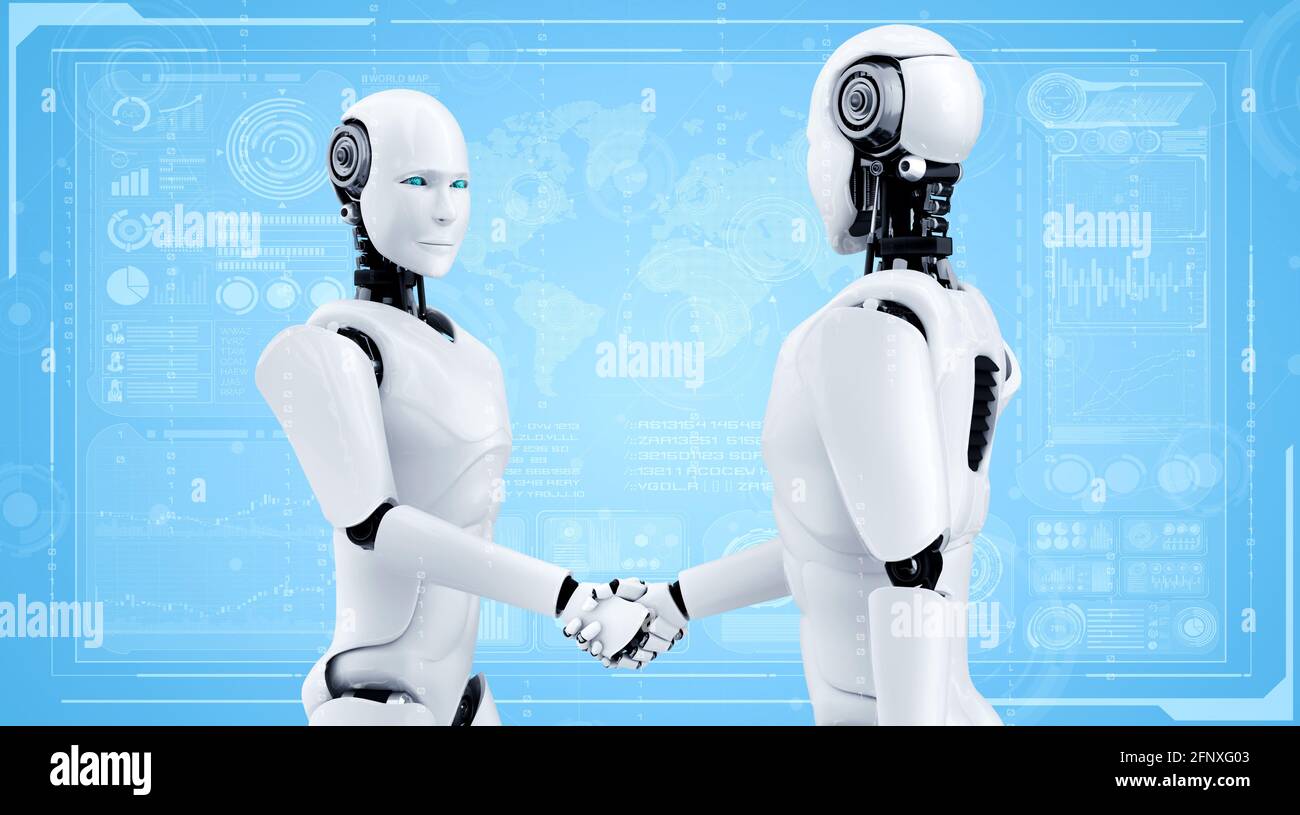 3D rendering humanoid robot handshake to collaborate future technology development by AI ...