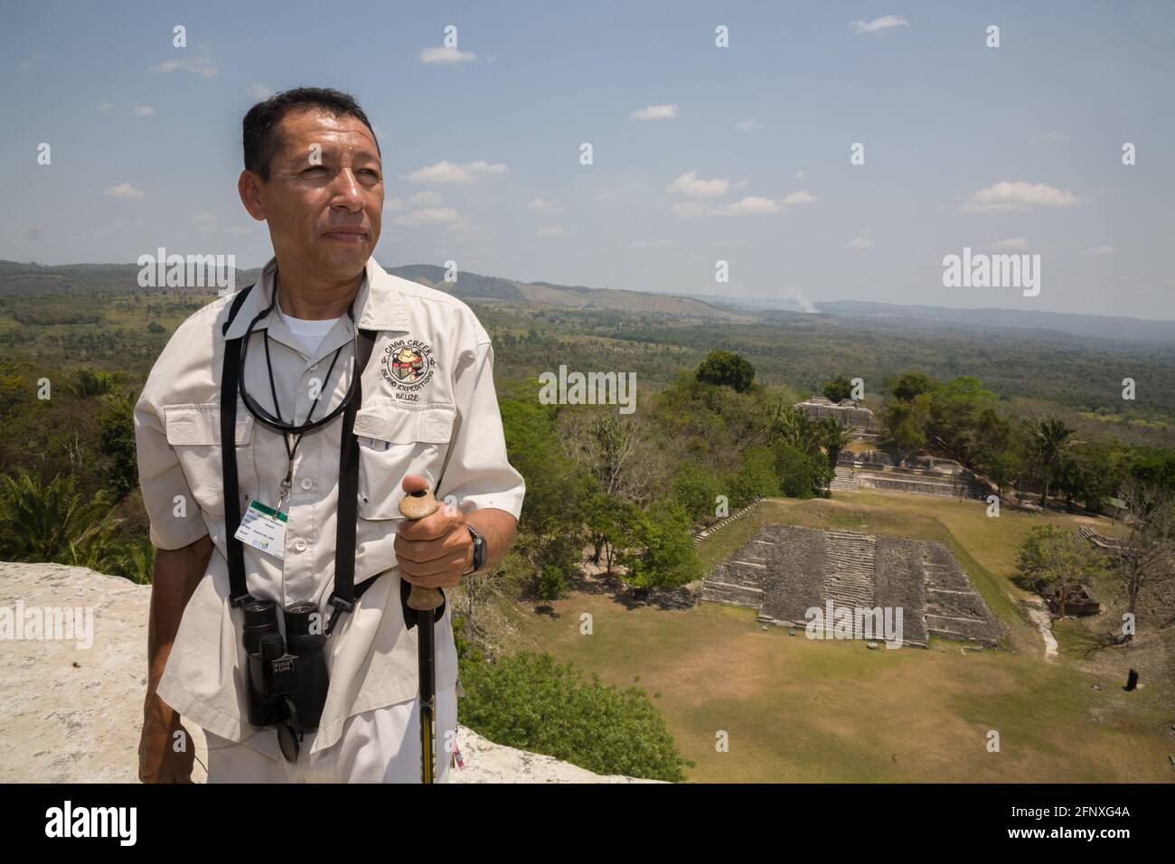 The main plaza seen from El Castillo at the Mayan ruins of Xunantunich ...