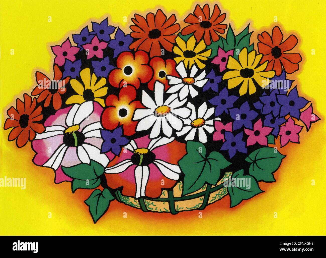 A colourful illustration of a completed hanging basket featuring plants ...
