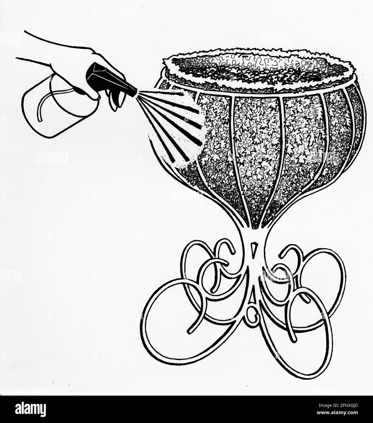 A drawing of a hand sprayer spraying a sphagnum moss liner in a large ...