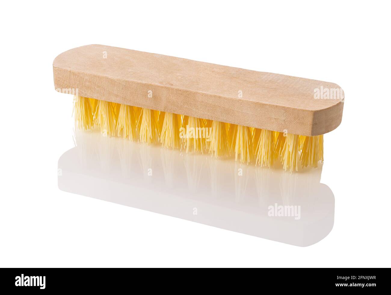 New wooden cleaning brush with yellow coarse stiff bristles isolated on ...