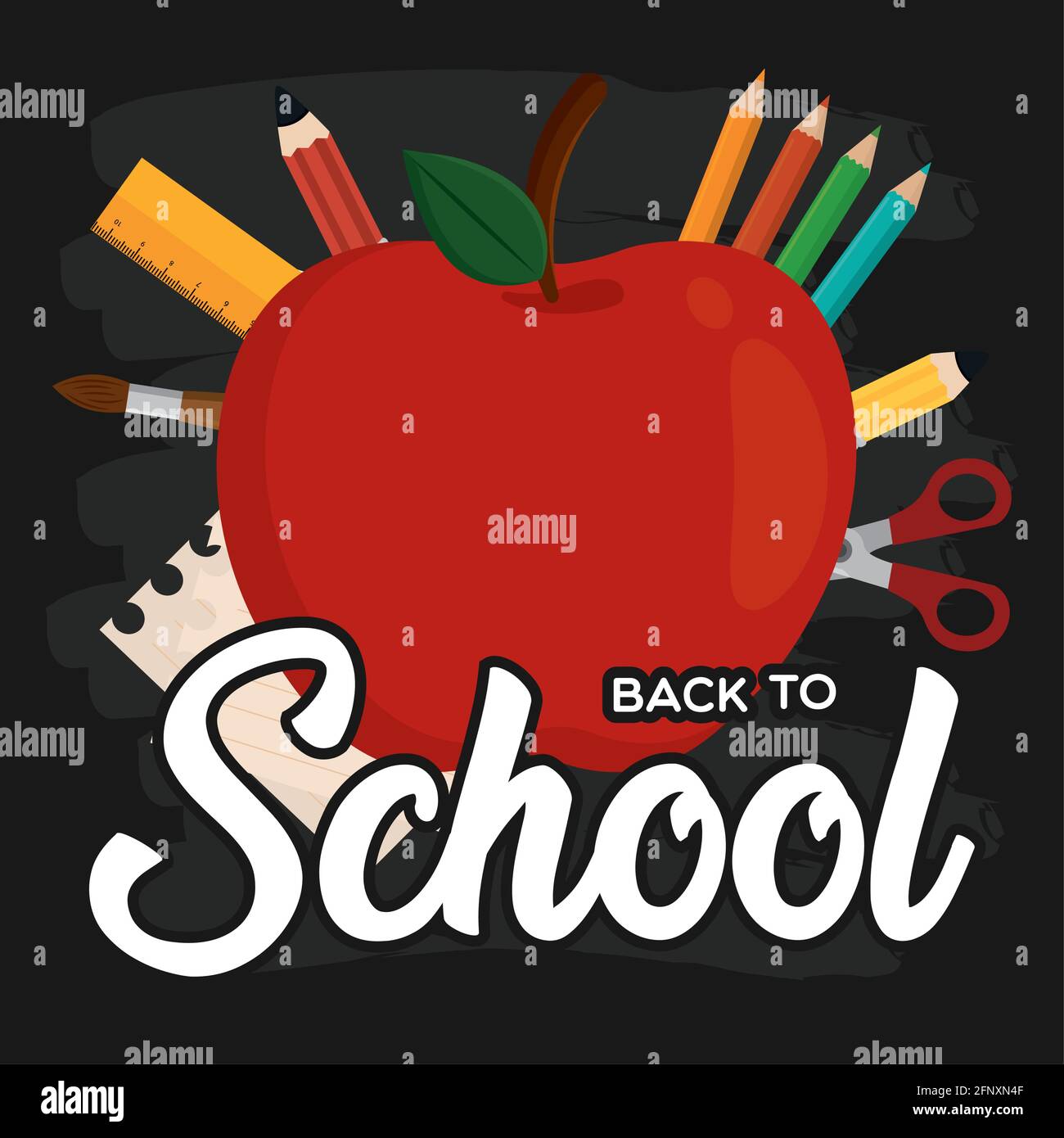 Apple with a school supplies Back to school Vector illustration Stock ...