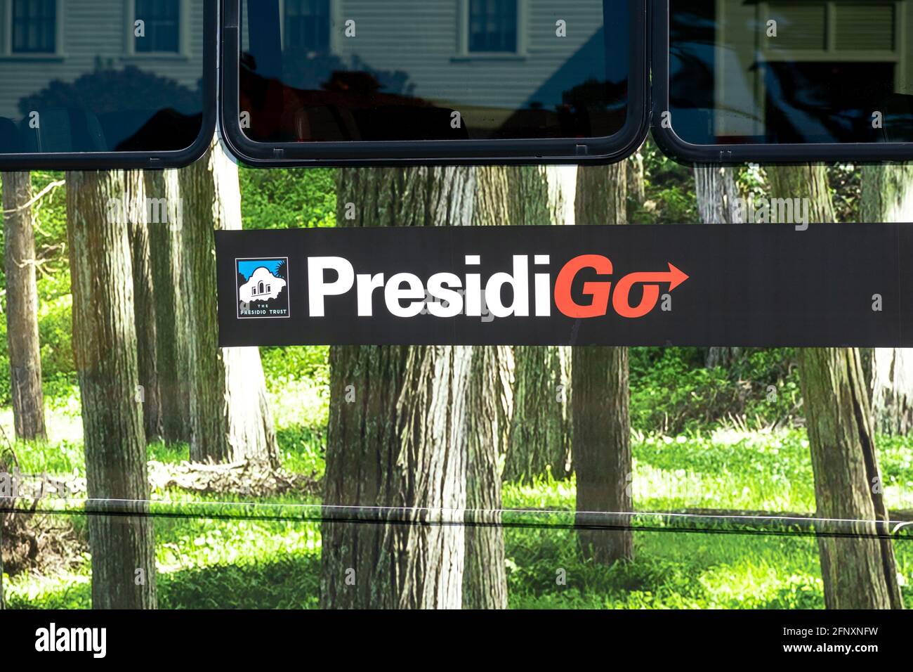 PresidiGo sign on the shuttle bus serving the San Francisco Presidio ...