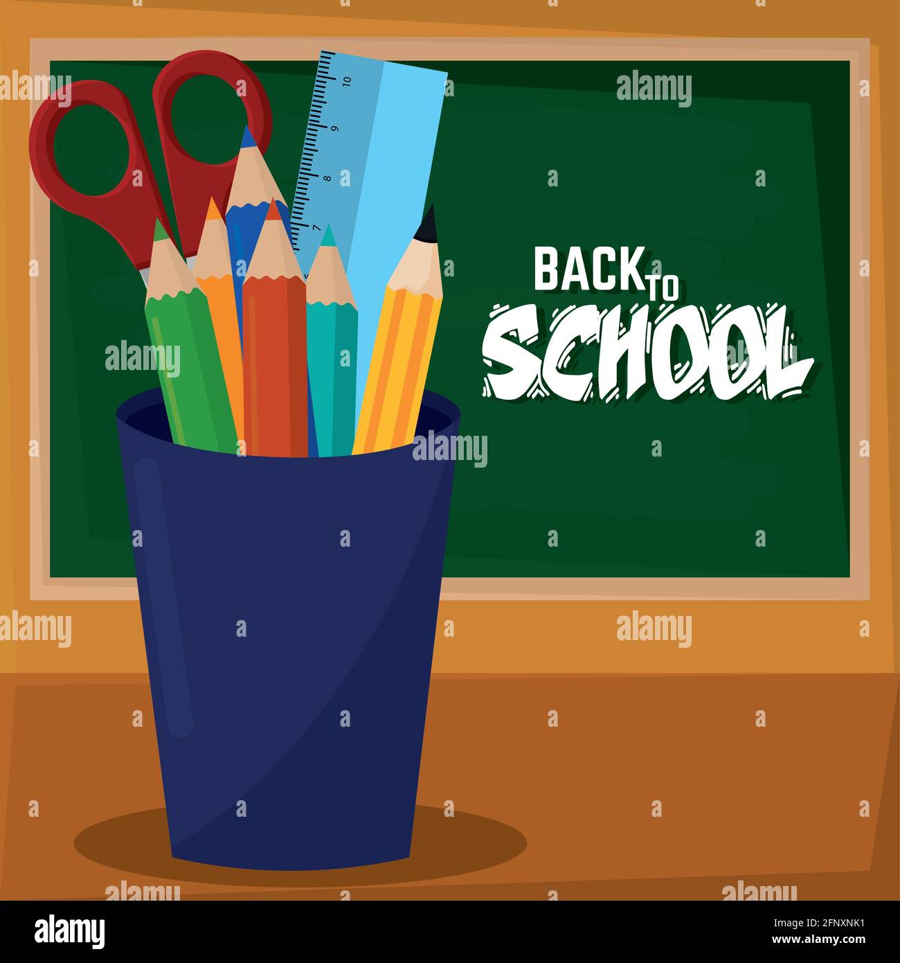 School supplies in a pencil holder Back to school Vector illustration ...